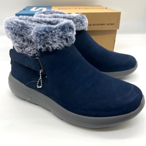 Skechers | Shoes | New Skechers On The Go City 2 Navy Suede Faux Fur Ankle Bootie Adjustable ...